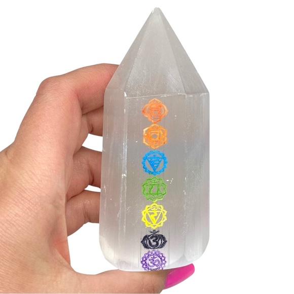 Accents | Selenite Tower With 7 Chakra Symbols Natural Stone Crystal ...